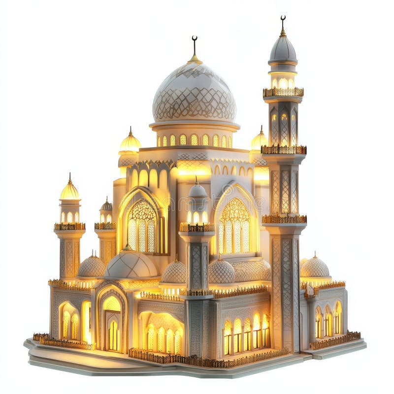 Illuminated Model of a Mosque with Domes and Minarets on White ...