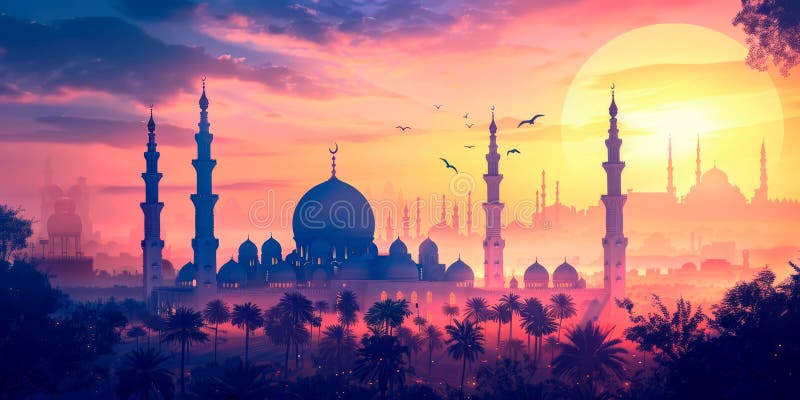 Mosque at Sunset, with Minarets and Domes Adorned with Eid Decorations ...