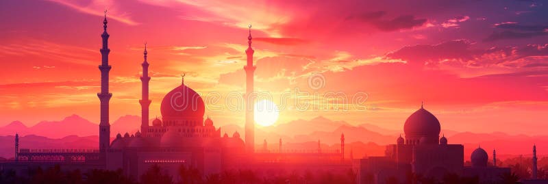 Mosque at Sunset, with Minarets and Domes Adorned with Eid Decorations ...