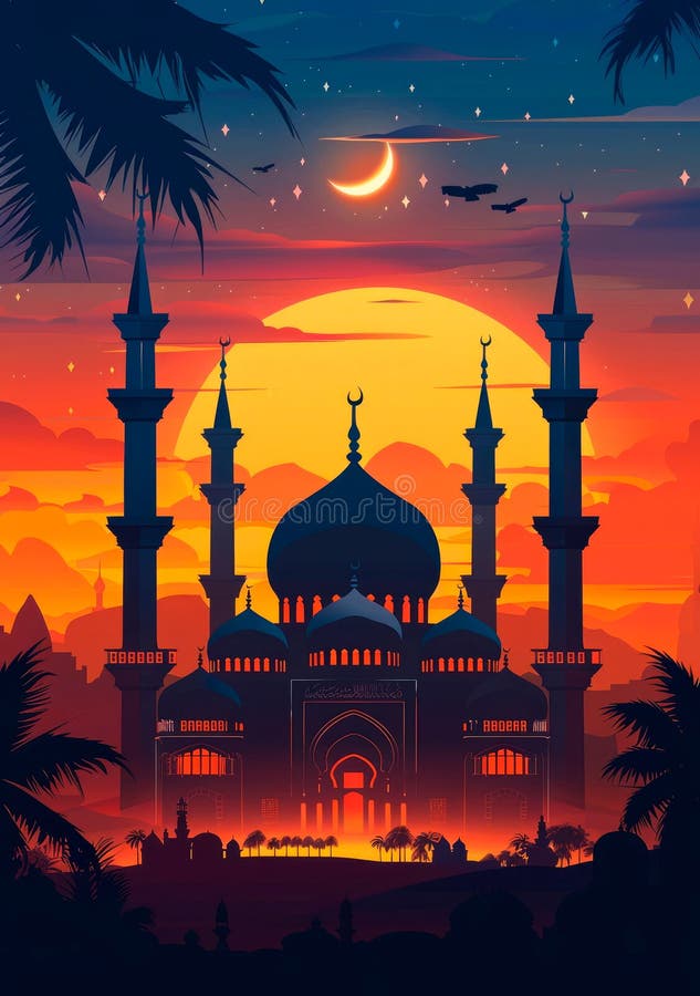 Mosque at Sunset, with Minarets and Domes Adorned with Eid Decorations ...
