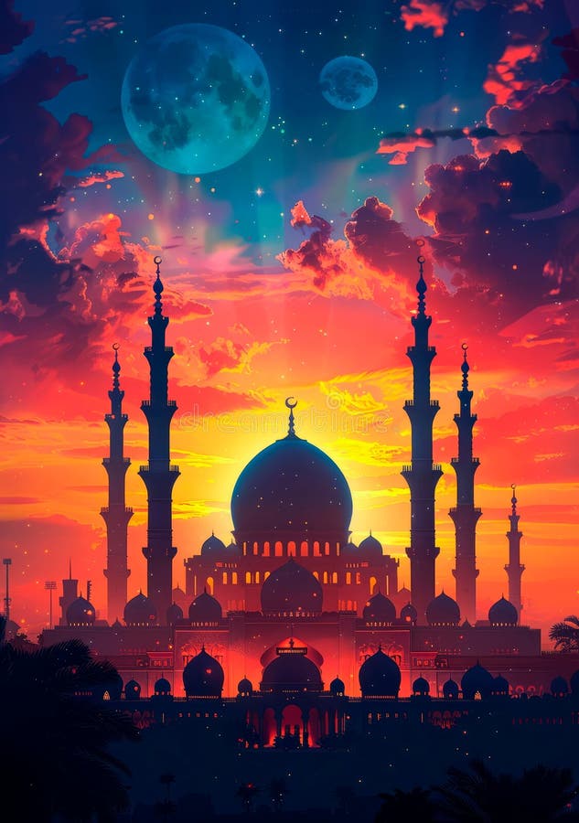 Mosque at Sunset, with Minarets and Domes Adorned with Eid Decorations ...