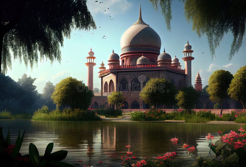Mosque in the Middle of Greenery, Generative Ai Stock Photo - Image of ...