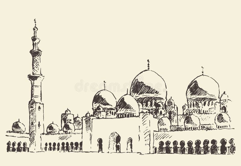 Sheikh Zayed Grand Mosque Sketch - UAE. Stock Vector - Illustration of ...