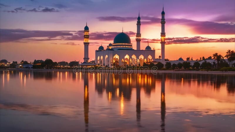 Mosque by the Water at Sunset Stock Video - Video of divine, mirror ...