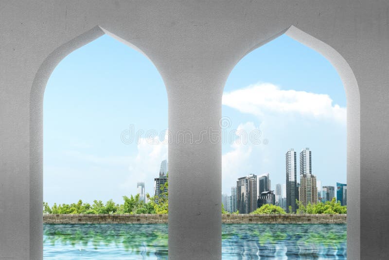 Mosque Window with a Cityscape View Stock Image - Image of blue ...