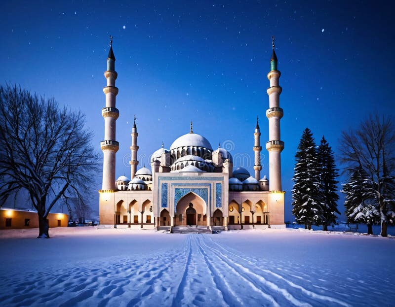 Mosque in Winter at Night. AI Generated. Stock Image - Image of islamic ...