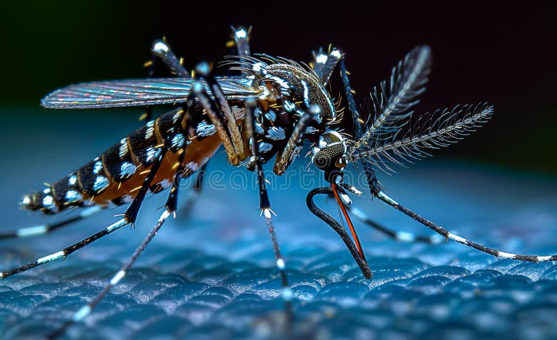 A Mosquito is on a Blue Surface. the Mosquito is Black and White with ...