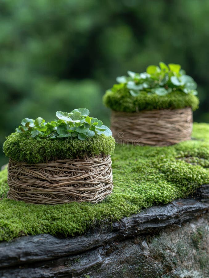 Moss-covered Baskets with Lush Greenery Stock Illustration ...