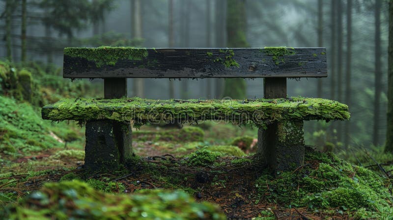Moss-covered Bench in Misty Forest Stock Image - Image of atmosphere ...
