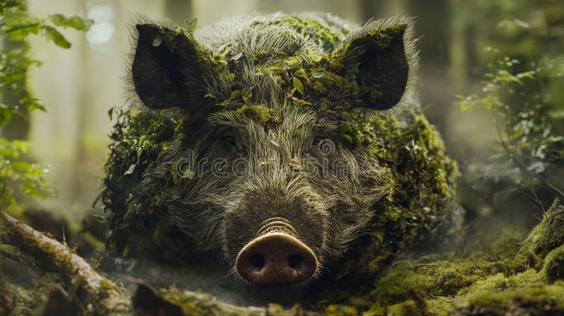 Moss Covered Boar in Misty Forest Stock Illustration - Illustration of ...