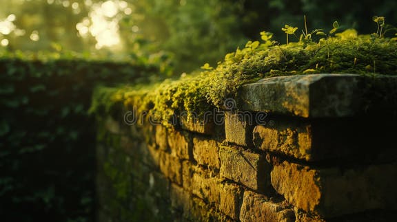 Moss Covered Brick Wall in Sunlight Stock Illustration - Illustration ...