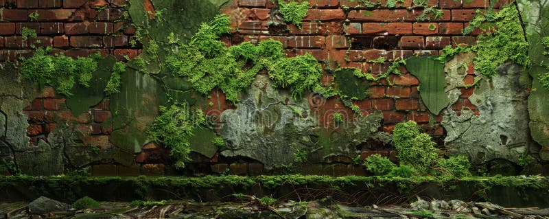 Moss-covered Brick Wall, Urban Decay. Natural Reclamation Concept Stock ...