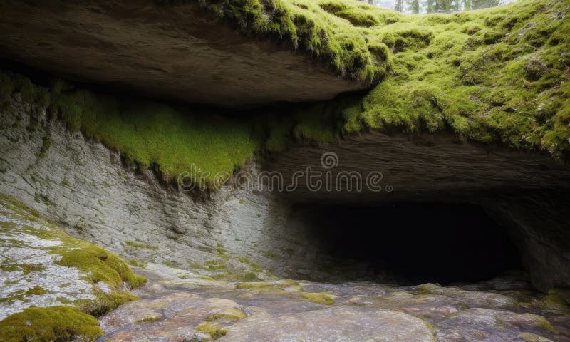 A Moss Covered Cave in the Middle of a Forest Stock Illustration ...