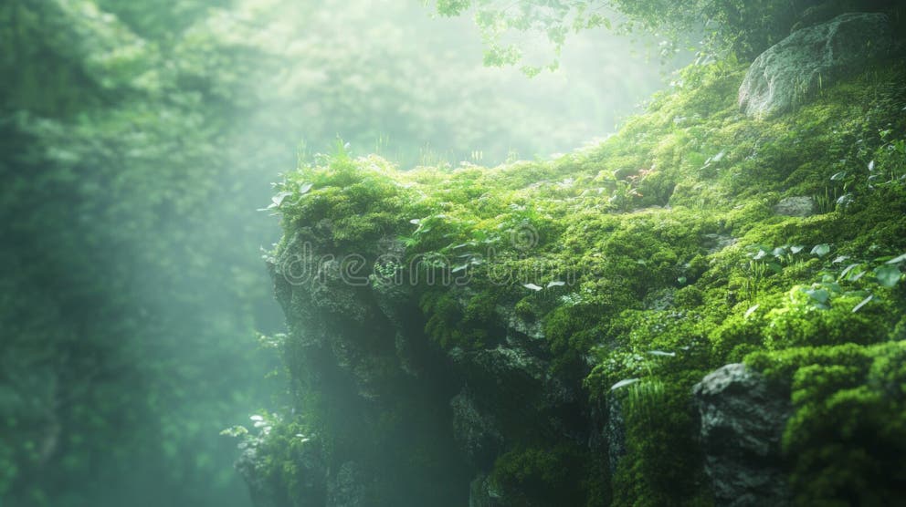 Moss-Covered Cliffside in a Misty Forest Stock Illustration ...