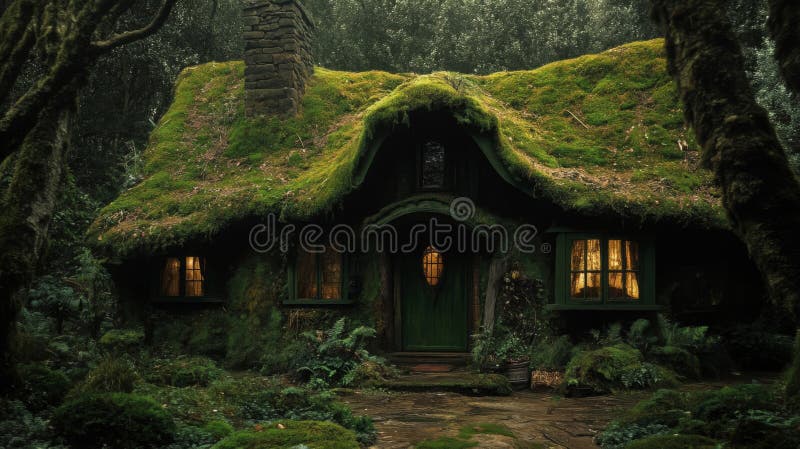 Moss Covered Cottage in a Dark Forest at Night Stock Illustration ...
