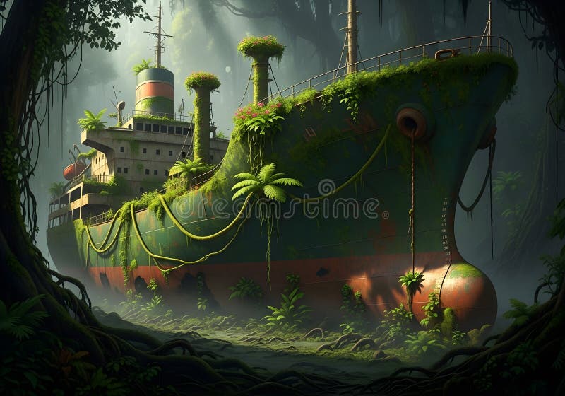 Moss-Covered Derelict Ship in Jungle Stock Illustration - Illustration ...