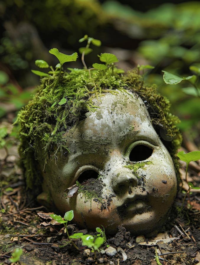 Moss-covered Doll Head in a Forest Setting Stock Illustration ...