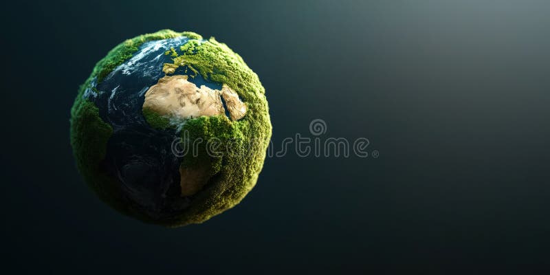Moss Covered Earth Floats in Space, Symbolizing Nature Embrace Stock ...