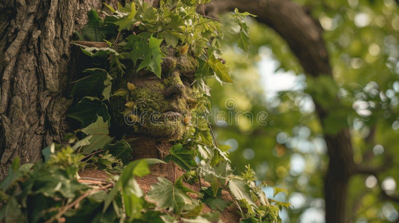 Moss-covered Face Sculpture Blended with Tree and Leaves Stock ...