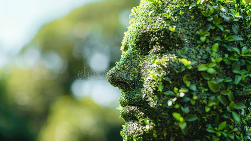 Moss-covered Face Sculpture Blending into a Lush Garden. Stock Image ...