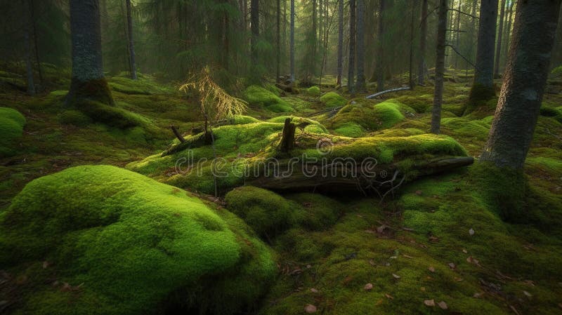 A Moss Covered Forest with a Fallen Tree in the Foreground Stock ...