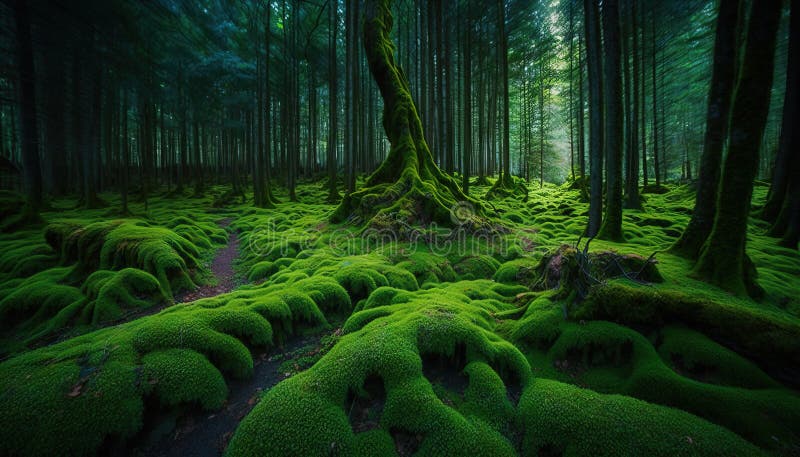 A Moss Covered Forest with a Tree in the Middle of it. Generative Ai ...