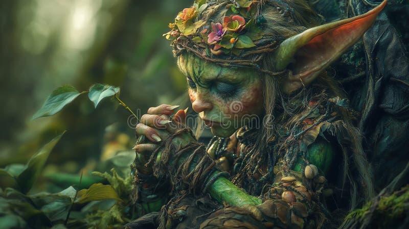 A Moss-covered Green Mystical Creature Sits Thoughtfully in an Emerald ...