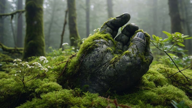 Enigmatic Moss-Covered Hand Emerging from Forest Floor Stock ...