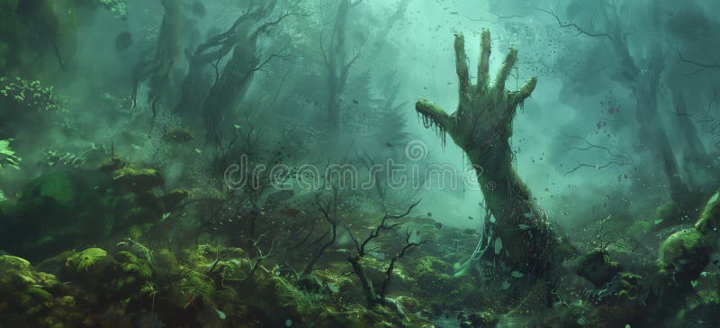 Moss-Covered Hand Emerging from Forest Floor Stock Illustration ...