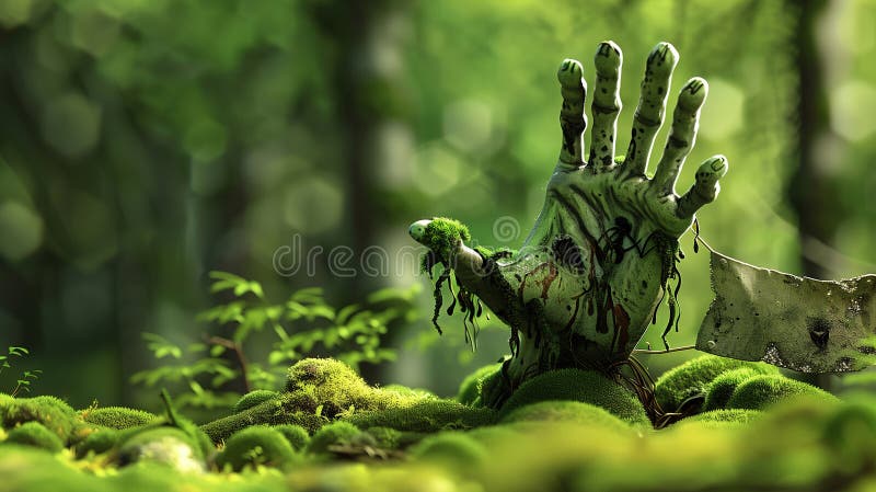 Moss-Covered Hand Emerging from Forest Floor Stock Illustration ...