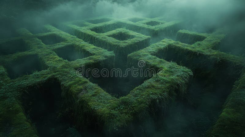 Moss Covered Labyrinth Shrouded in Mist, Mysterious Landscape Concept ...