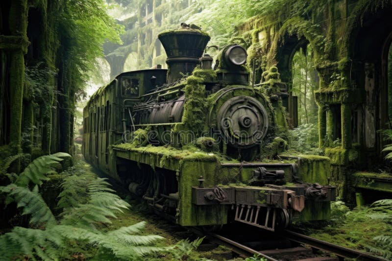 Moss-covered Locomotive in the Heart of a Dense Forest Stock Image ...