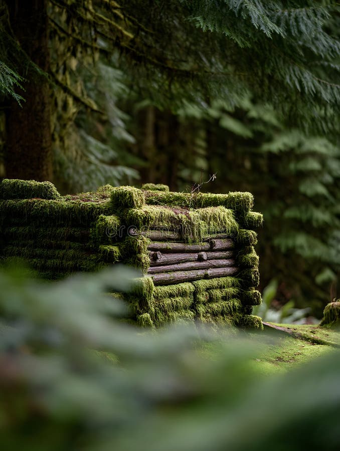 Moss Covered Log Cabin Structure in a Lush Forest a Close Up Image of ...