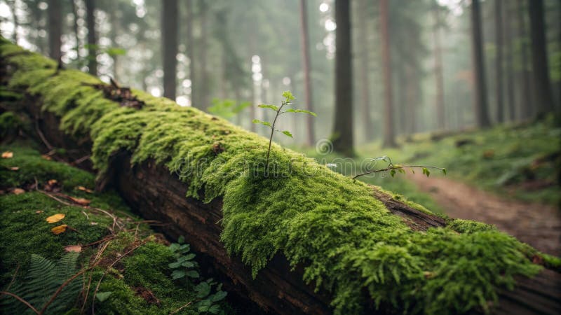 Moss-Covered Log Forest Ground-Level View, Lush Green, New Growth Stock ...