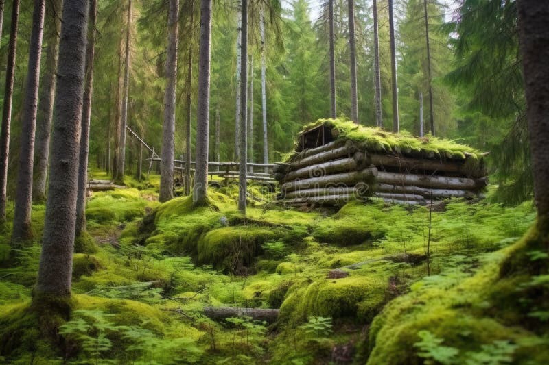 A Moss-covered Log Hut Nestled in an Evergreen Forest Stock ...