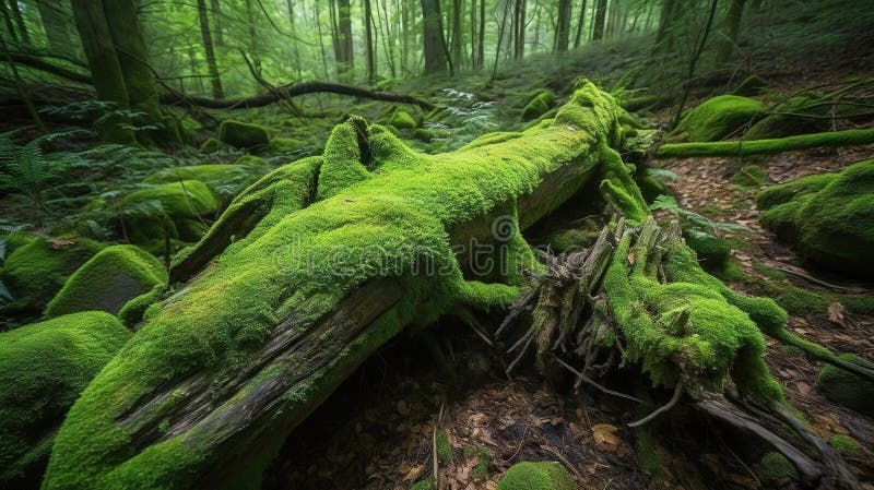 A Moss Covered Log in the Middle of a Forest Filled with Trees Stock ...