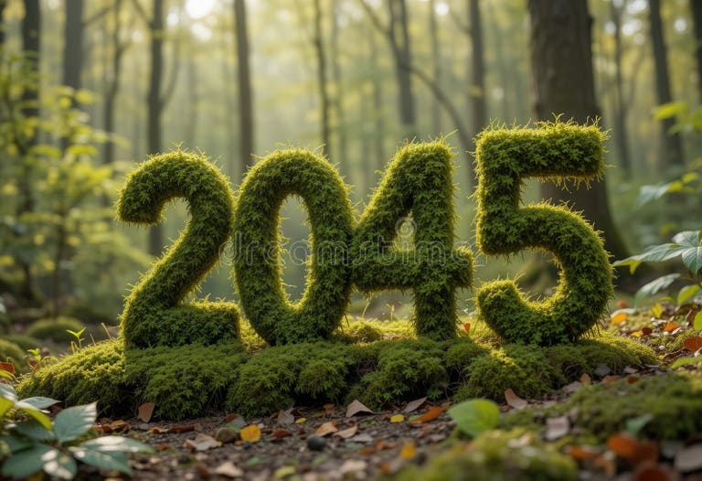 Moss-covered Numbers Indicate the Year 2045 in a Forest Setting Stock ...