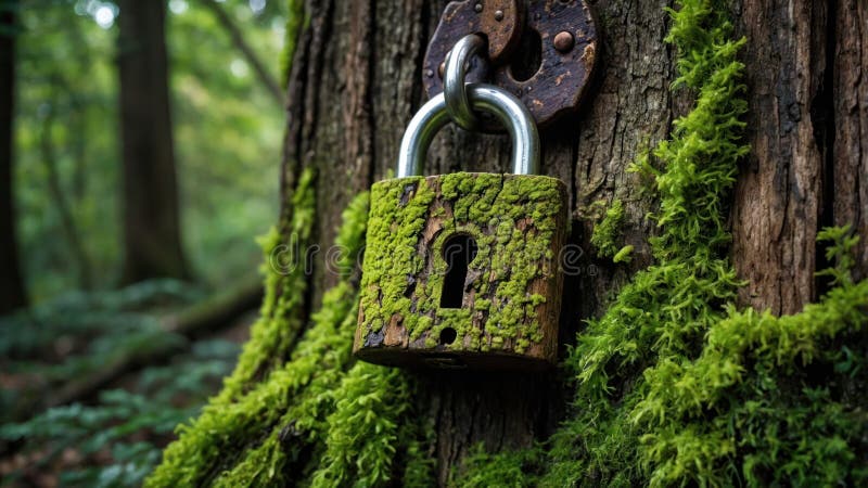 Ancient Mossy Padlock on a Tree Trunk in the Forest Stock Illustration ...