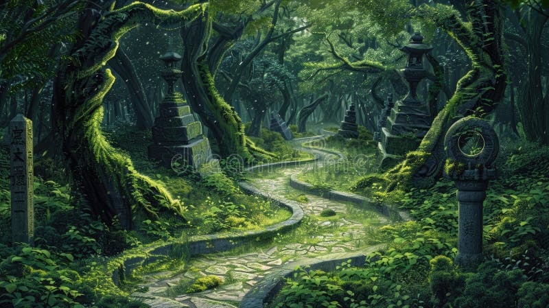 Moss-Covered Path To Ancient Shrines Stock Illustration - Illustration ...