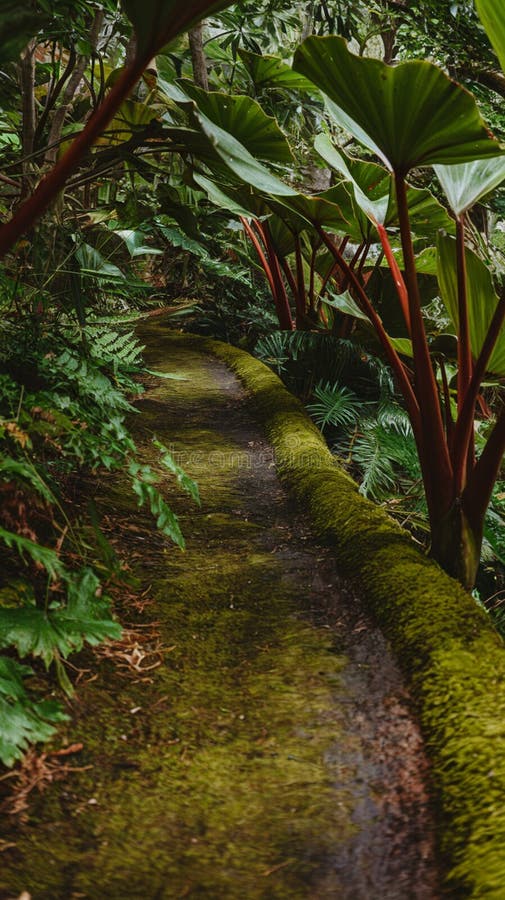 Moss Covered Pathway with Broad Leaved Plants, Surrounded by Vibrant ...