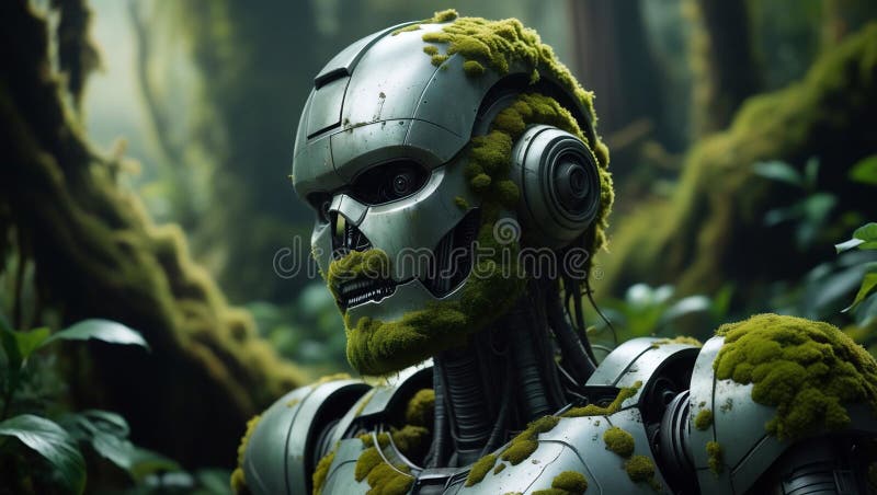 Moss Covered Robot Exploring the Jungles of a Lost Earth Stock ...