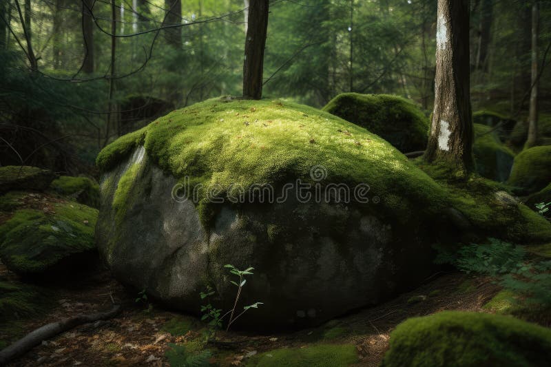 Moss-covered Rock in the Forest, Surrounded by Greenery Stock ...