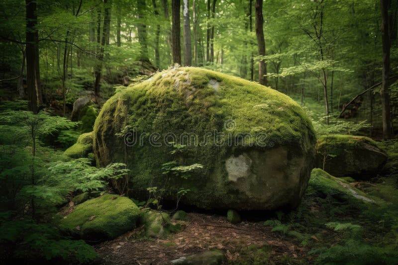 Moss-covered Rock in the Forest, Surrounded by Greenery Stock Image ...