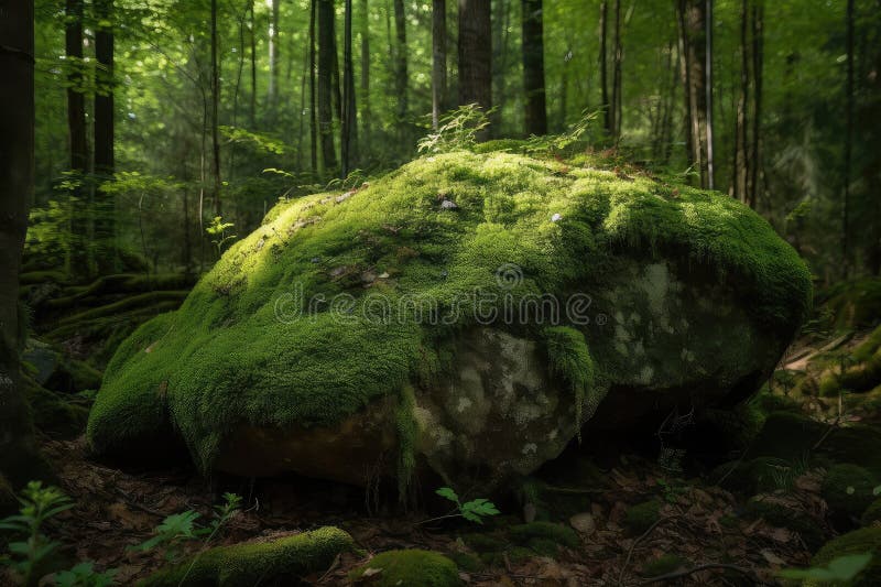 Moss-covered Rock in the Forest, Surrounded by Greenery Stock Image ...
