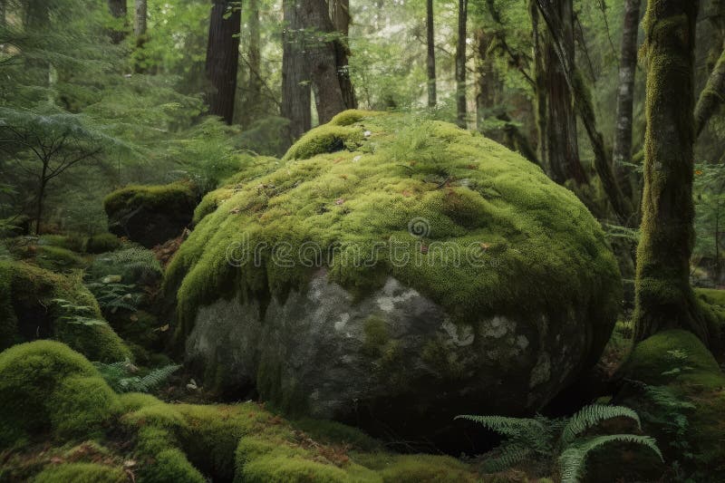Moss-covered Rock in the Forest, Surrounded by Greenery Stock ...