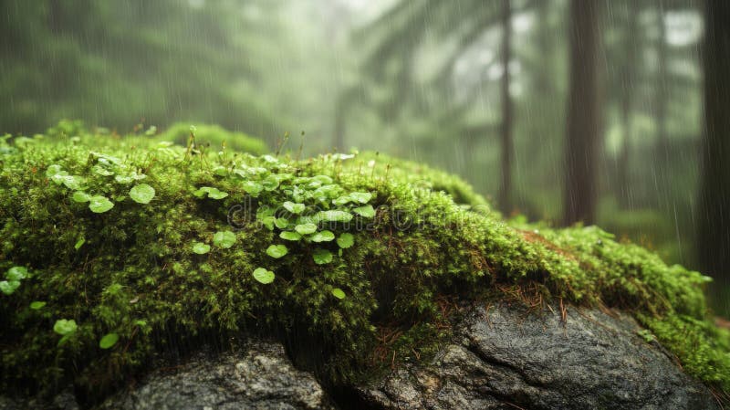 Moss-Covered Rock in a Rain-Soaked Forest Stock Illustration ...