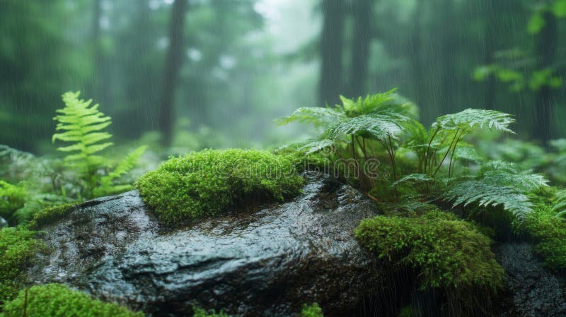 Moss-Covered Rock in a Rain-Soaked Forest Stock Illustration ...
