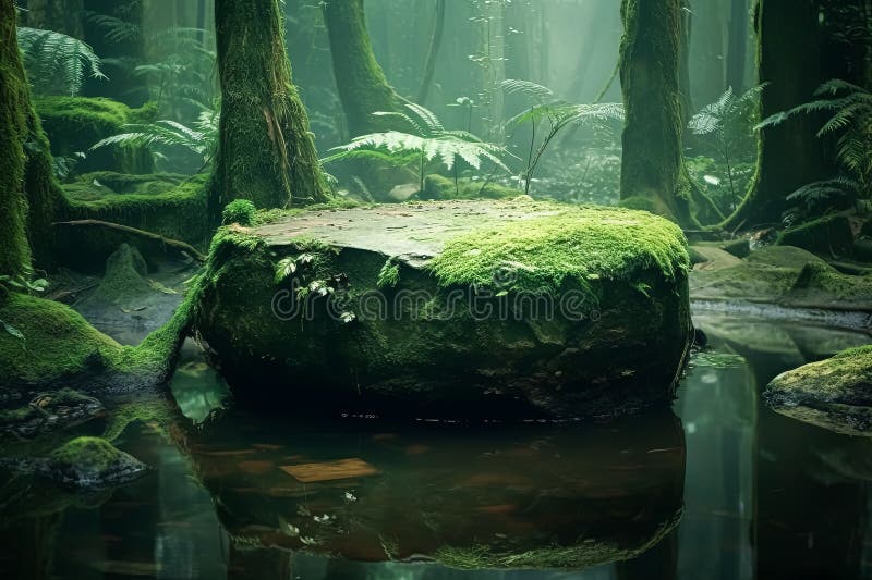 A Moss Covered Rock Sits in a Pond Surrounded by Trees Stock Image ...