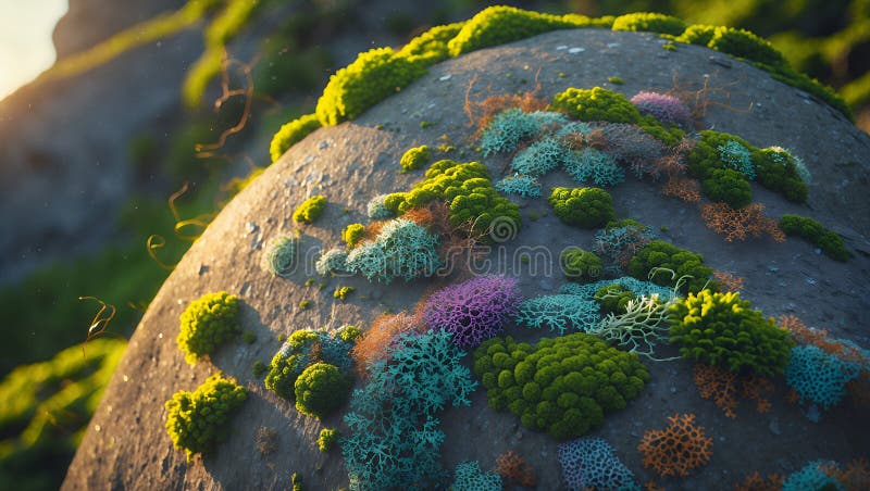 Vibrant Moss and Lichen Colony on Rock Surface at Sunset Stock ...