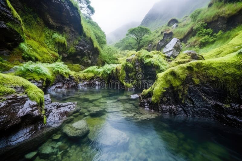 Moss-covered Rocks Around a Steaming Hot Spring Pool Stock Illustration ...
